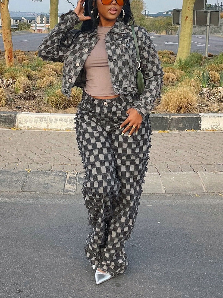 Classic Checkered Denim Jacket & Jeans Set – ECHOINE