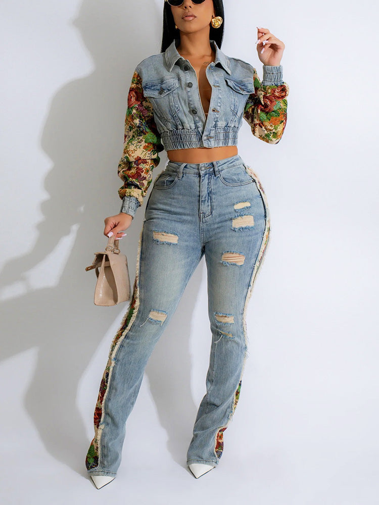 Floral Fusion Contrast Denim Set – ECHOINE